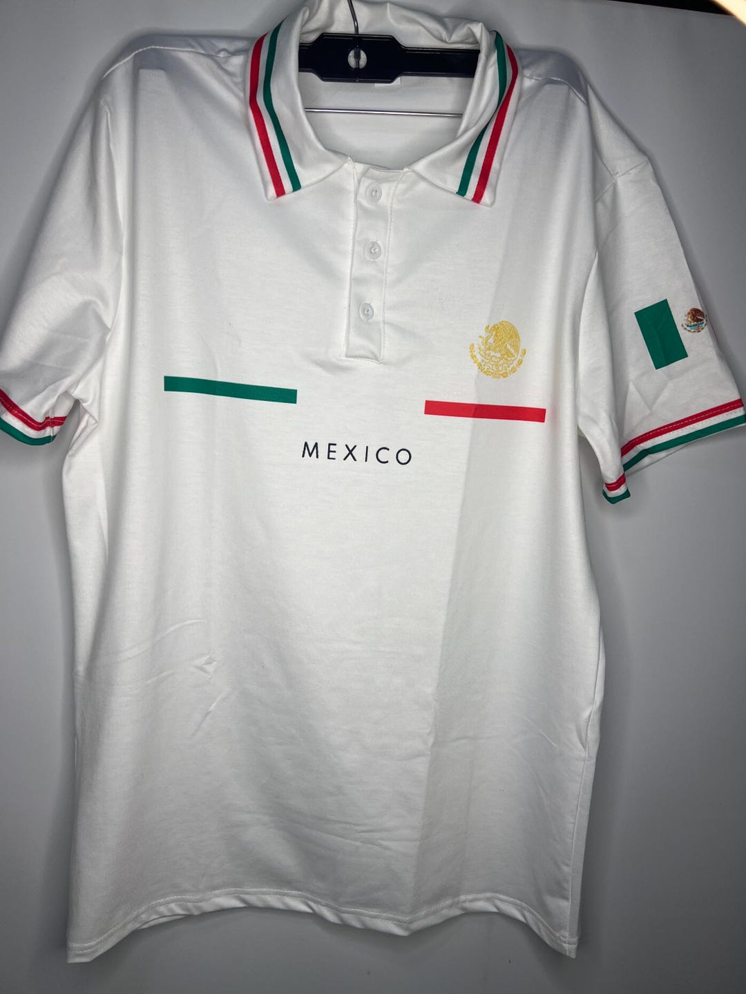 RARE Mexico Polo Shirt Men’s Medium White Tricolor Flag Eagle Emblem ...