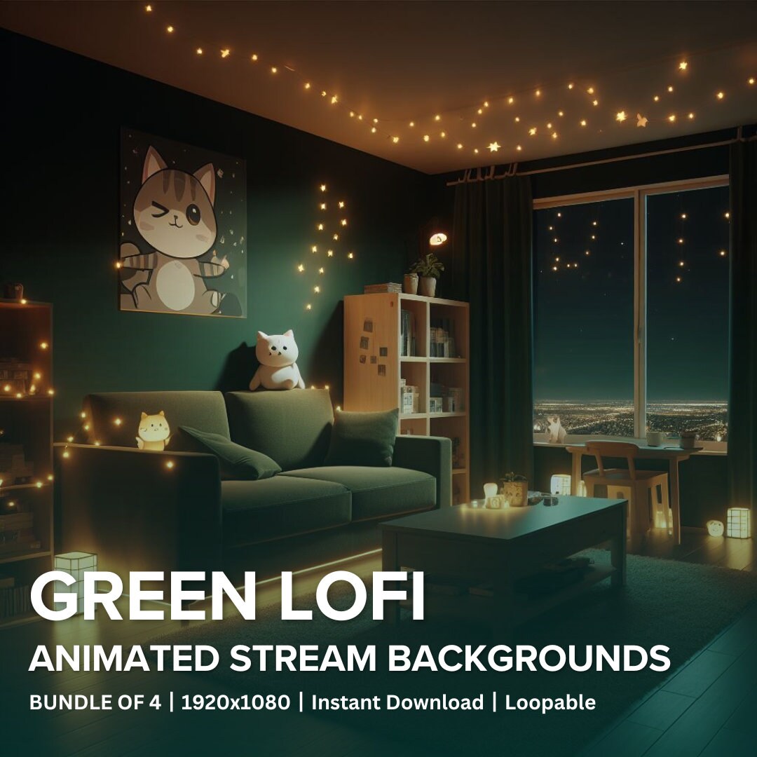 Green Lofi Animated Stream Backgrounds, Cozy Vtuber Background for ...