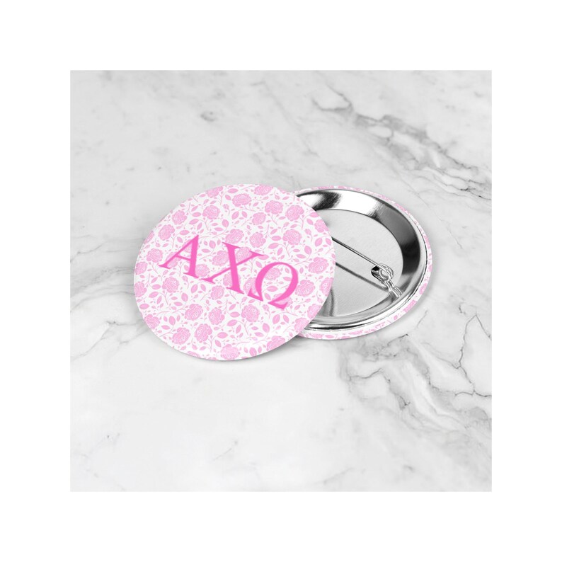 Alpha Chi Omega Button - Pink Flowers Button Pin, Pink Alpha Chi Omega ...