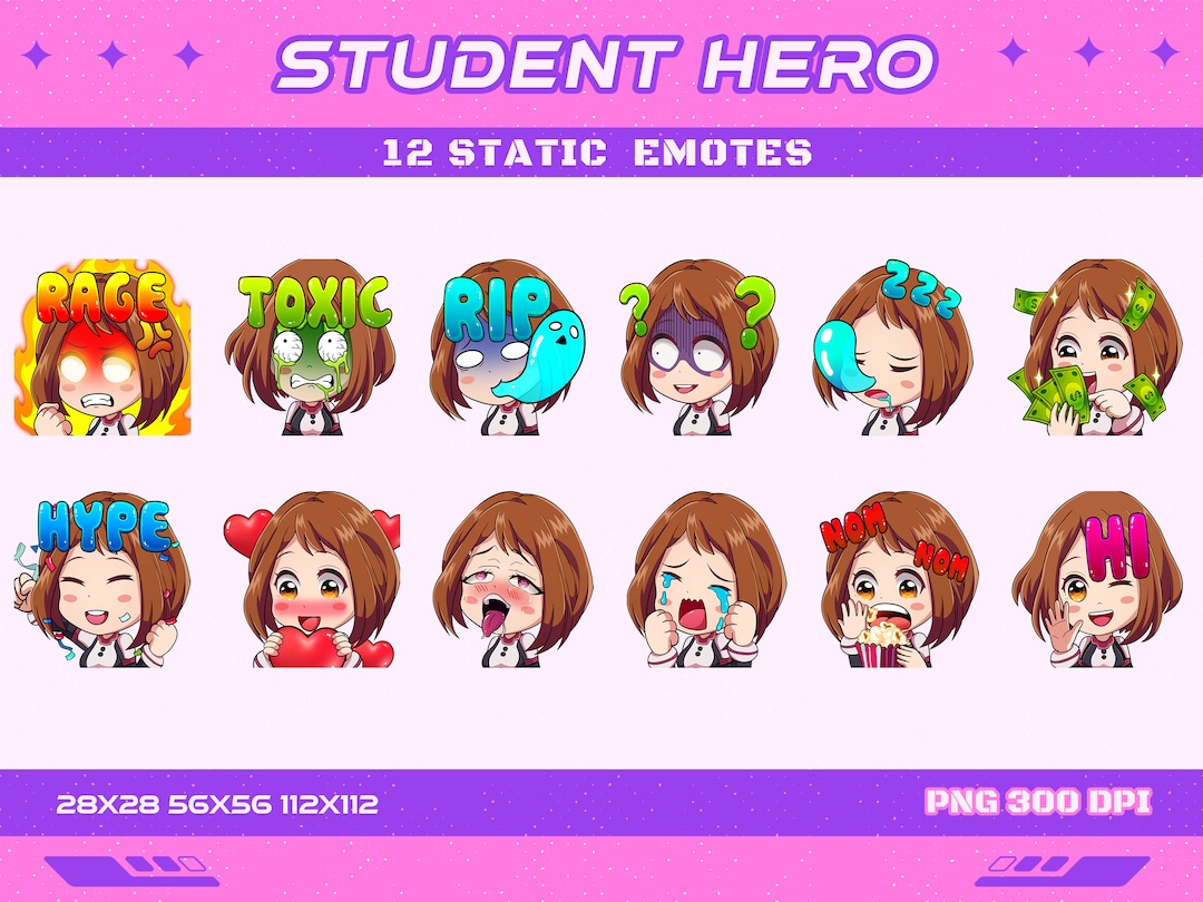 12 Gravity Girl Student Hero Static Anime Emotes, 12 School Hero Static ...
