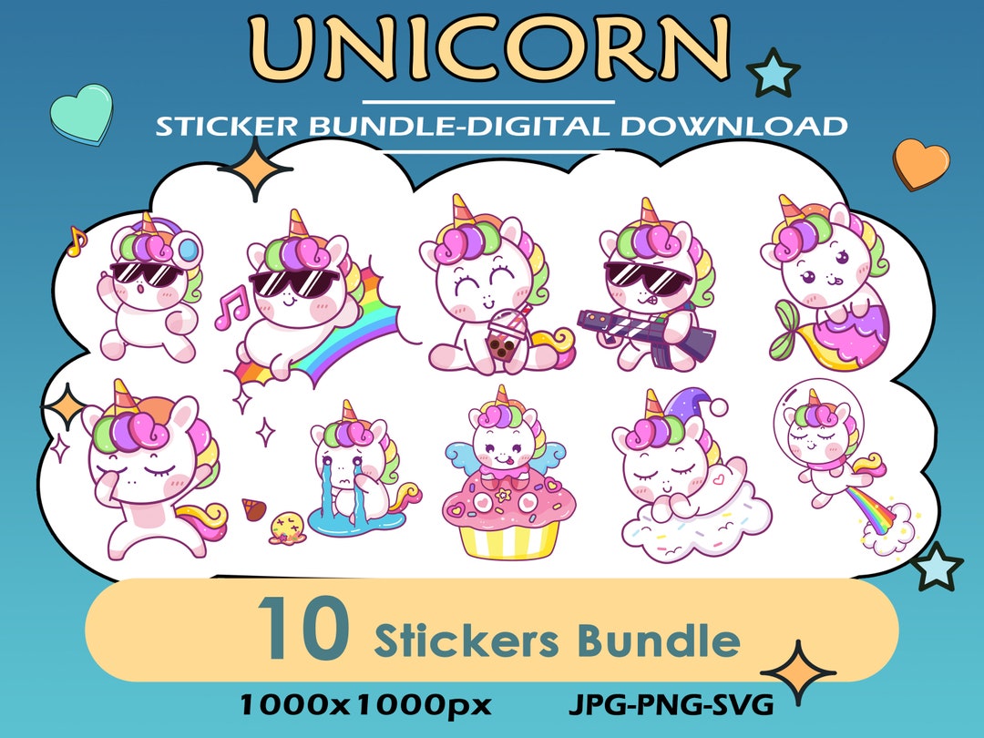 Unicorn Stickers Bundle, Unicorn Design Download, Instant Download, PNG ...