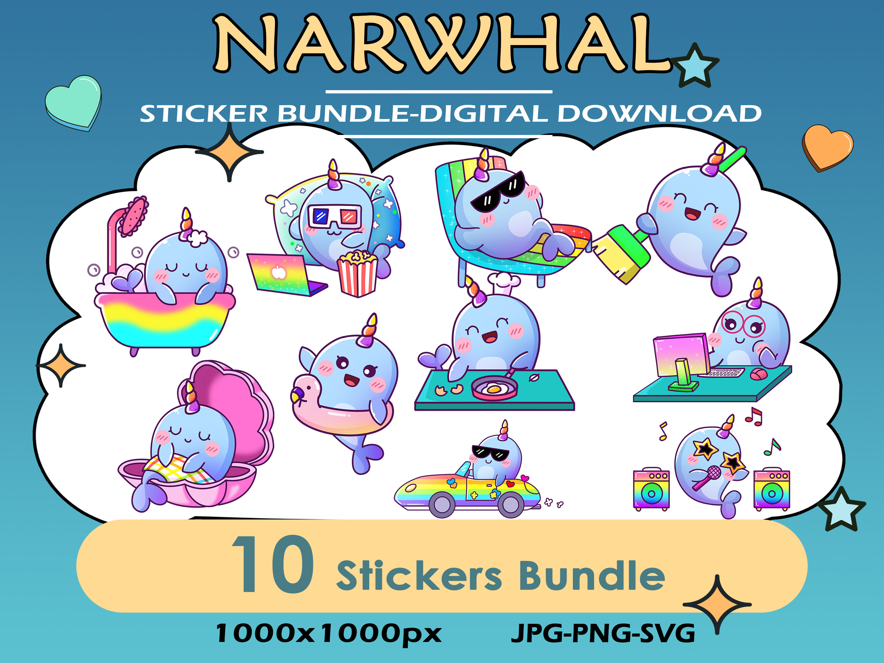 Narwhal Stickers Bundle, Narwhal Design Download, Instant Download, PNG ...