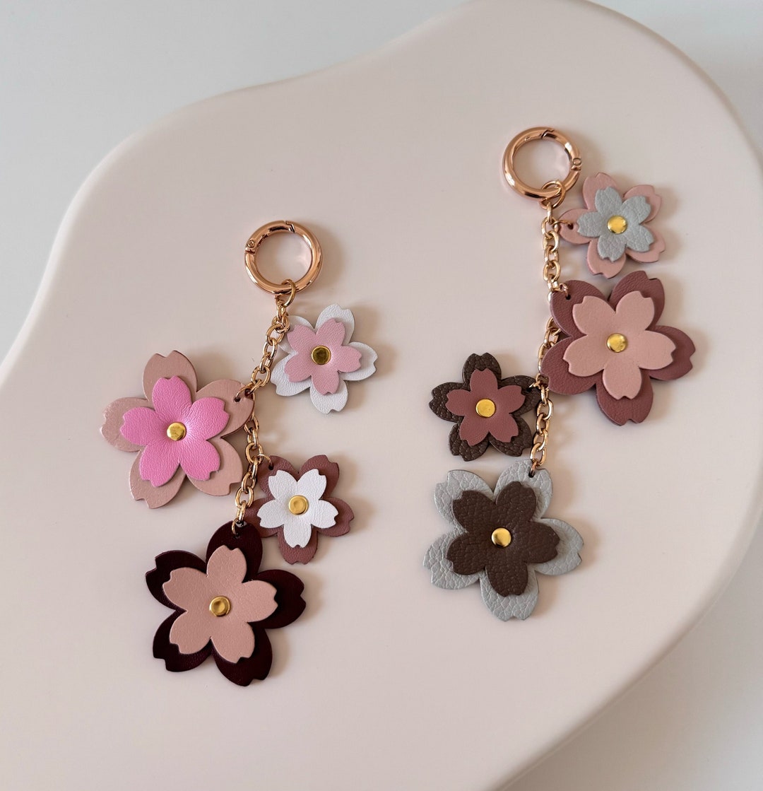 Handmade Leather Flower Bag Charm, Pink Floral Purse Charm, Layered ...