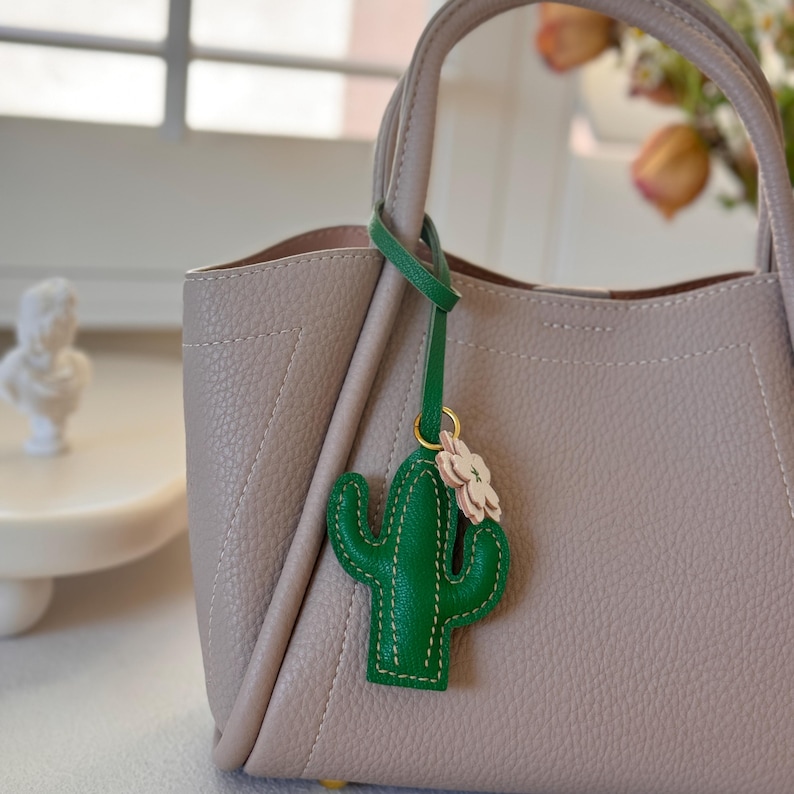 Leather Cactus Bag Charm, Handmade Flower Cactus Purse Charm, Cute ...