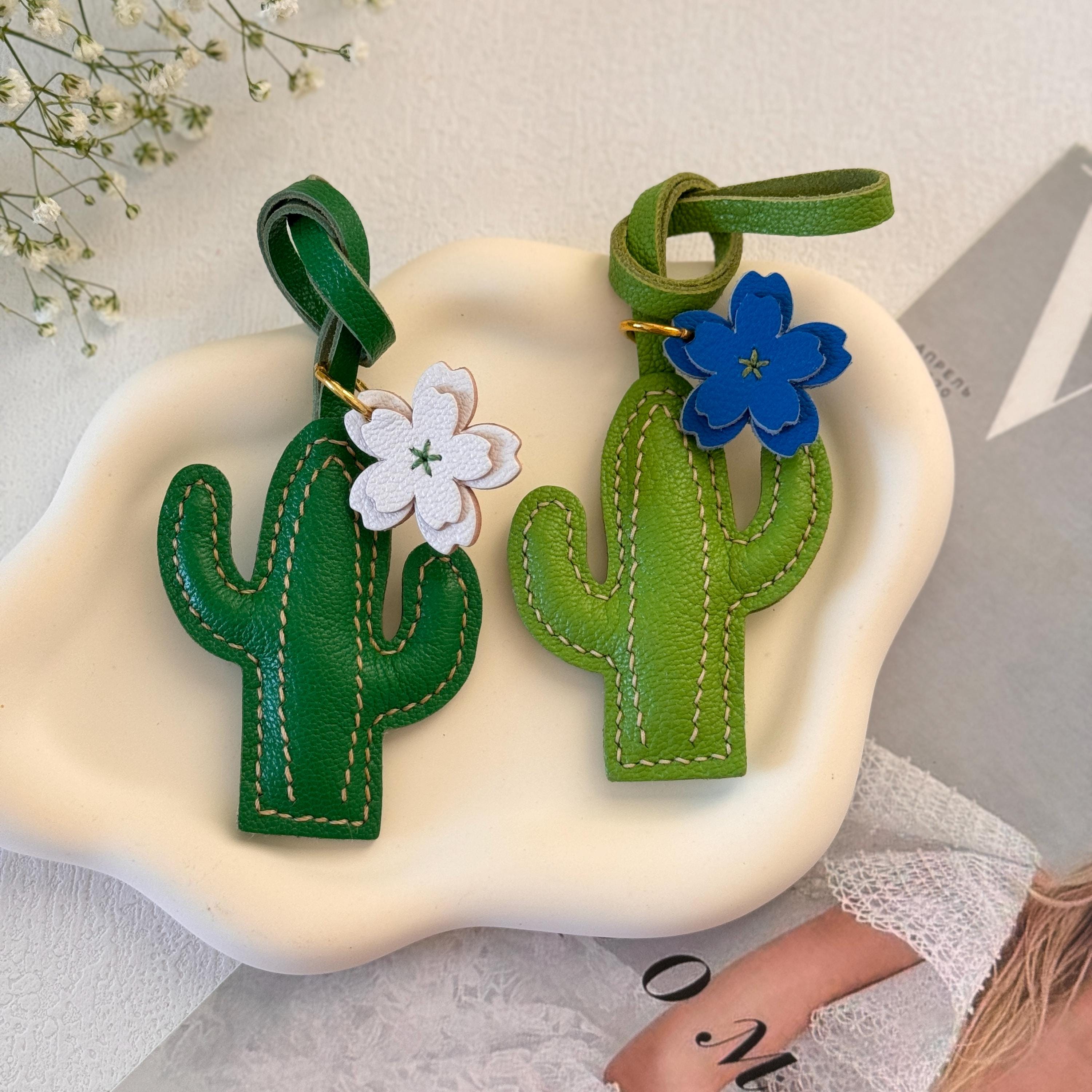 Leather Cactus Bag Charm, Handmade Flower Cactus Purse Charm, Cute ...
