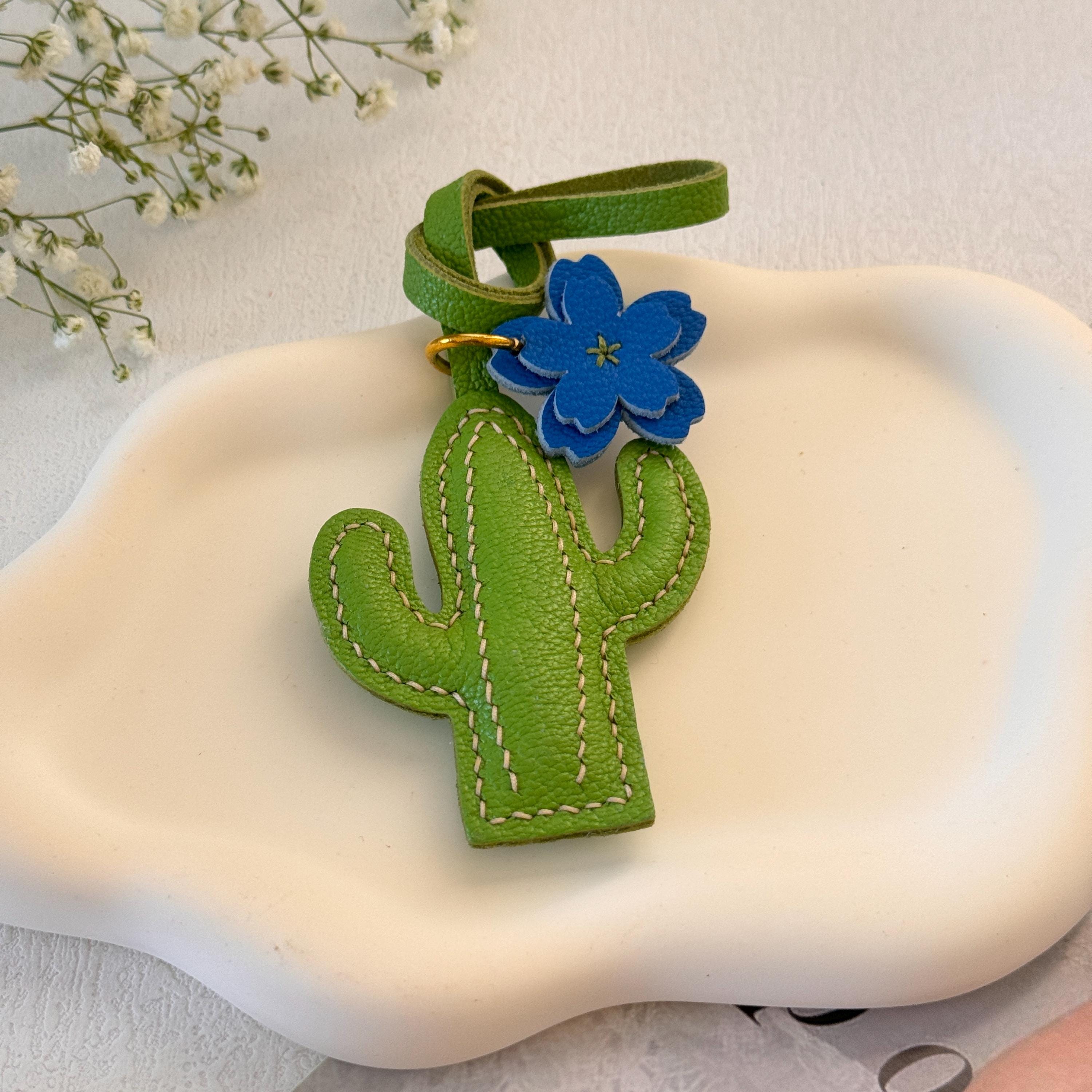 Leather Cactus Bag Charm, Handmade Flower Cactus Purse Charm, Cute ...