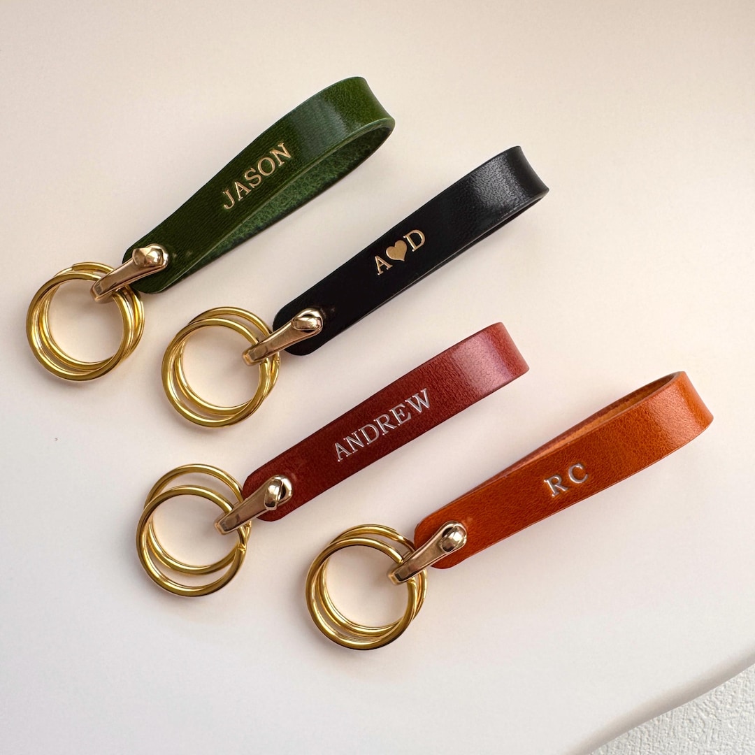 Personalized Embossed Leather Keychain With Brass Double Ring, Cowhide ...