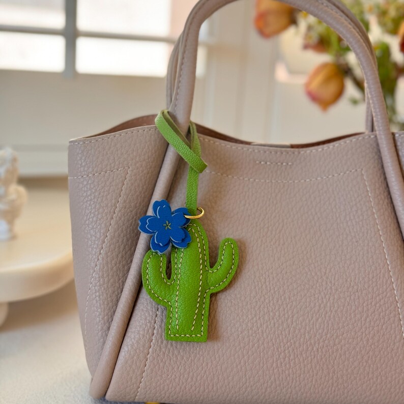 Leather Cactus Bag Charm, Handmade Flower Cactus Purse Charm, Cute ...