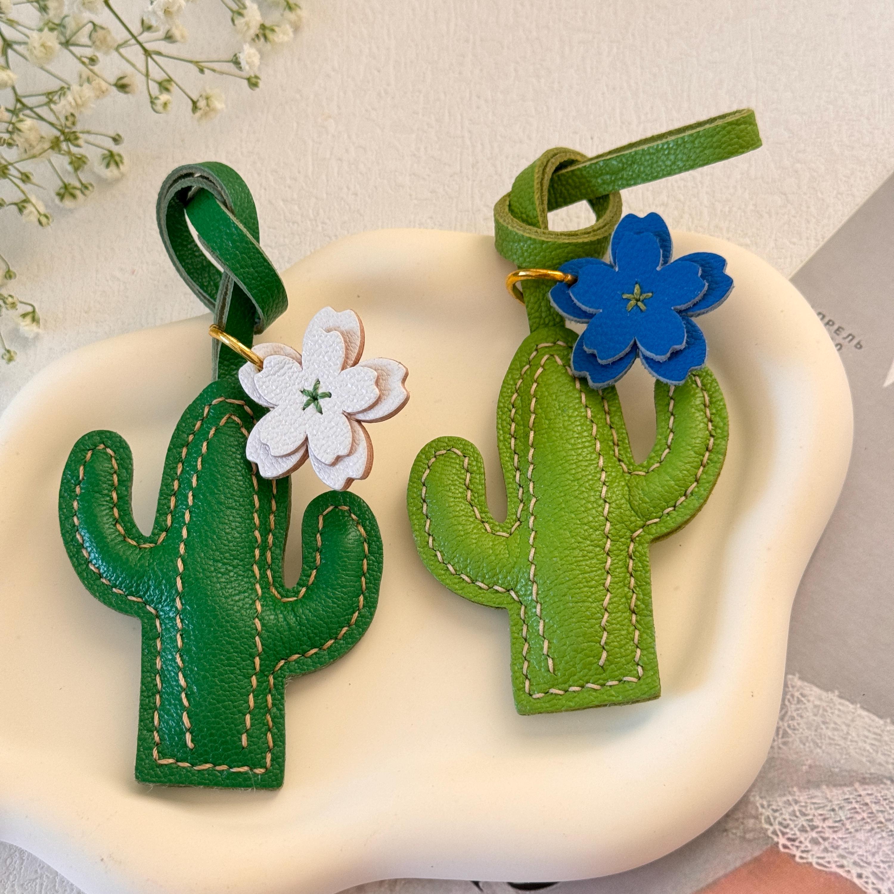 Leather Cactus Bag Charm, Handmade Flower Cactus Purse Charm, Cute ...