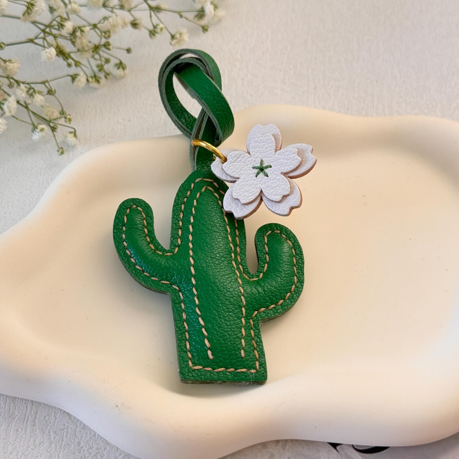 Leather Cactus Bag Charm, Handmade Flower Cactus Purse Charm, Cute ...