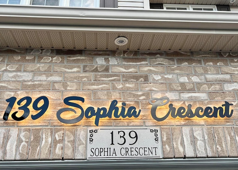 Custom House Address Signs Modern Glossy Black Sign Yellow LED Backlit ...