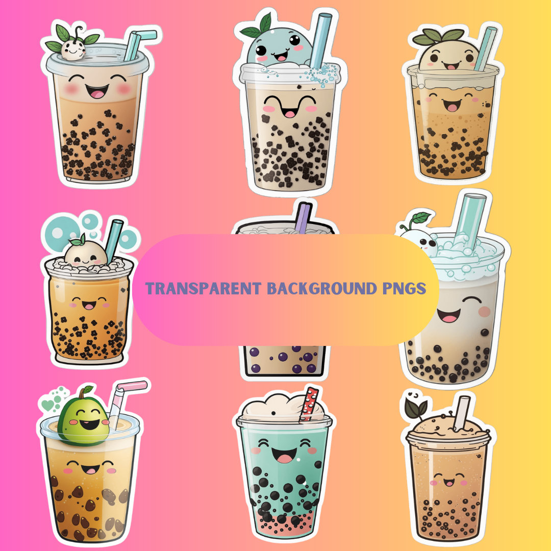 Boba Tea Print and Cute Stickers 21 Pack Kawaii Bubble Tea PNG 300 DPI ...