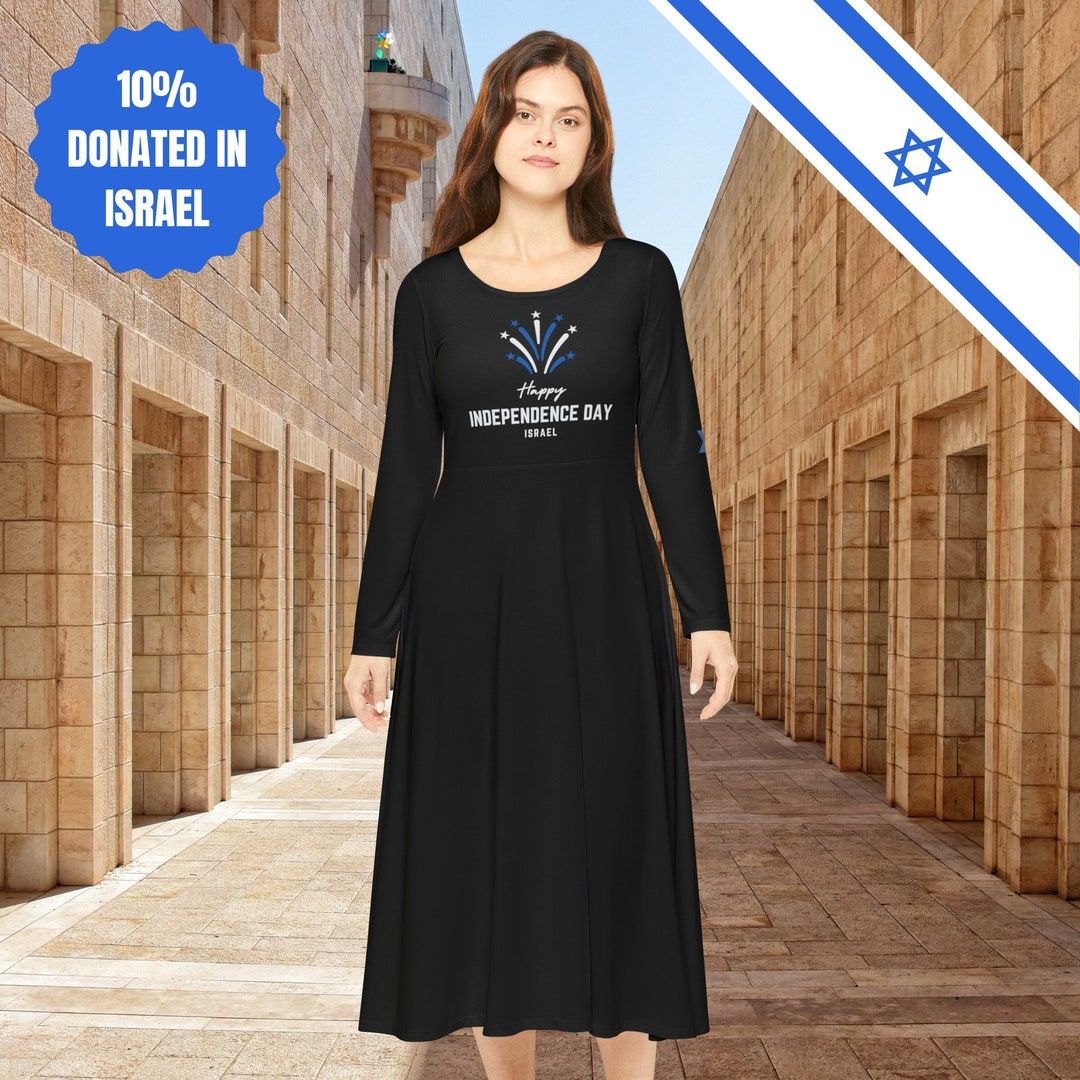 Happy Independence Day Israel Womens Long Sleeve Dance Dress Stand With ...
