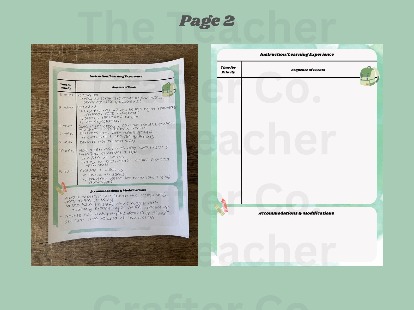 Lesson Planning Sheet Blank Template Green Watercolor digital Download ...