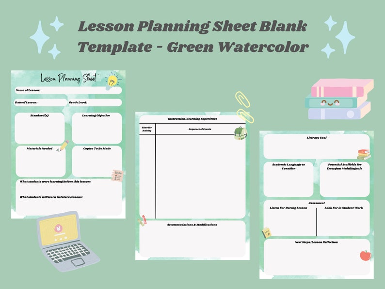 Lesson Planning Sheet Blank Template - Green Watercolor (digital ...