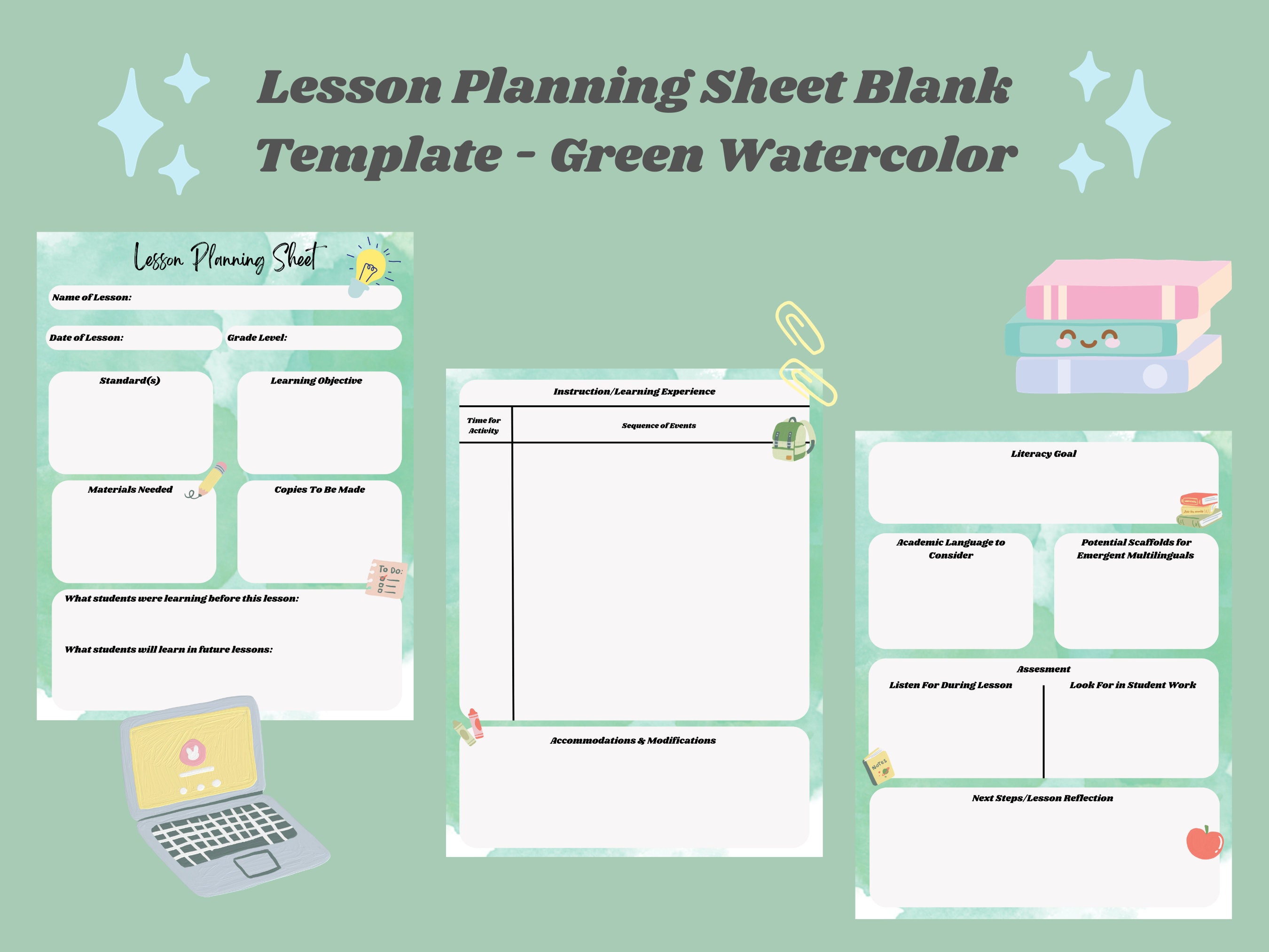 Lesson Planning Sheet Blank Template - Green Watercolor (digital ...