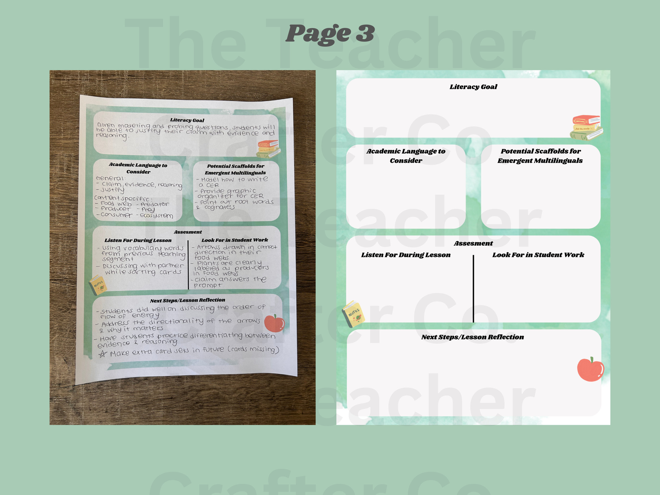 Lesson Planning Sheet Blank Template Green Watercolor digital Download ...