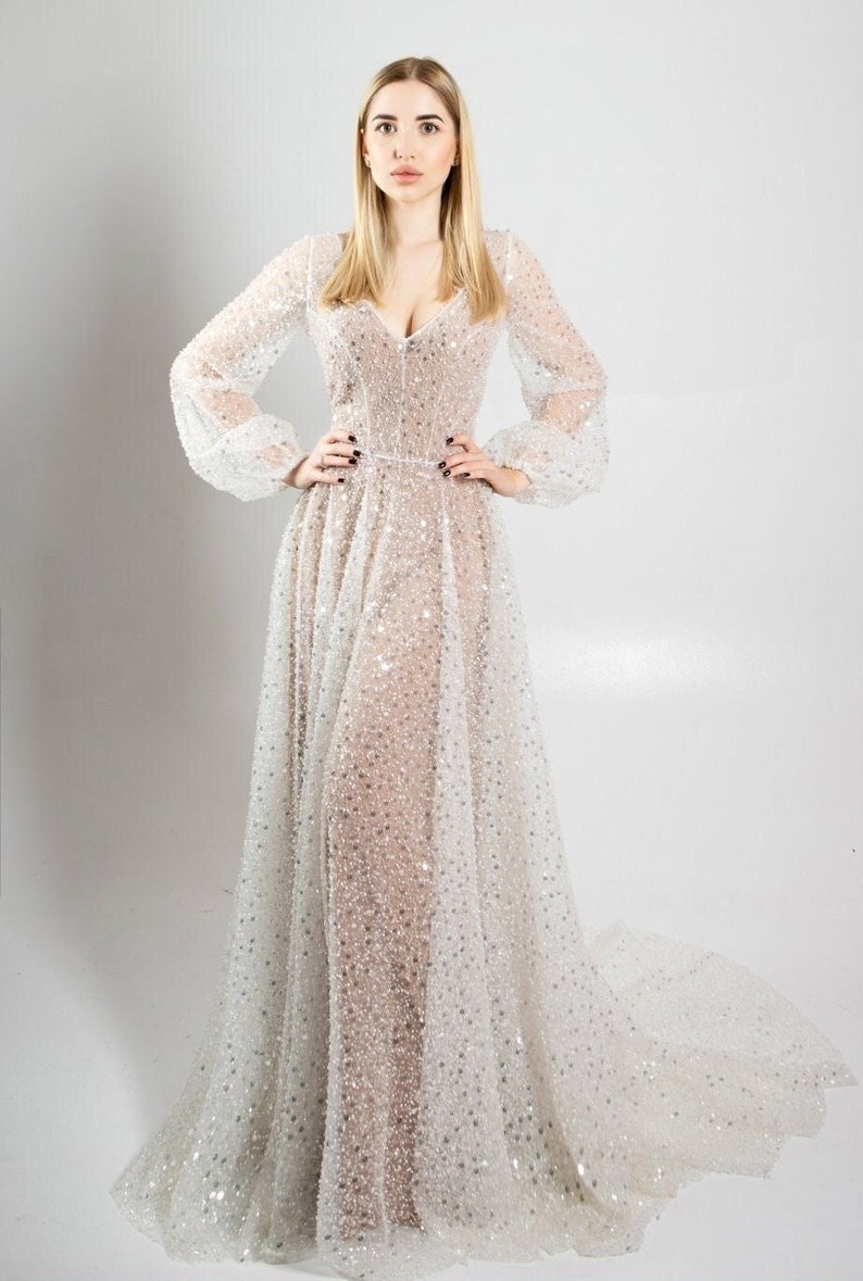 Semi-transparent Glamour Wedding Dress, Completely Beaded Unique Style ...