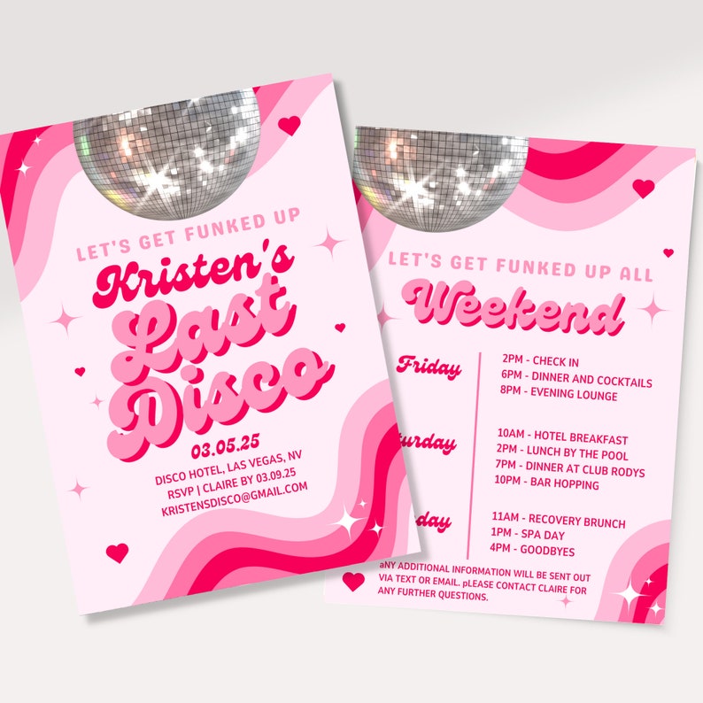 Last Disco Bachelorette Invitation Template and Itinerary, Disco Themed ...