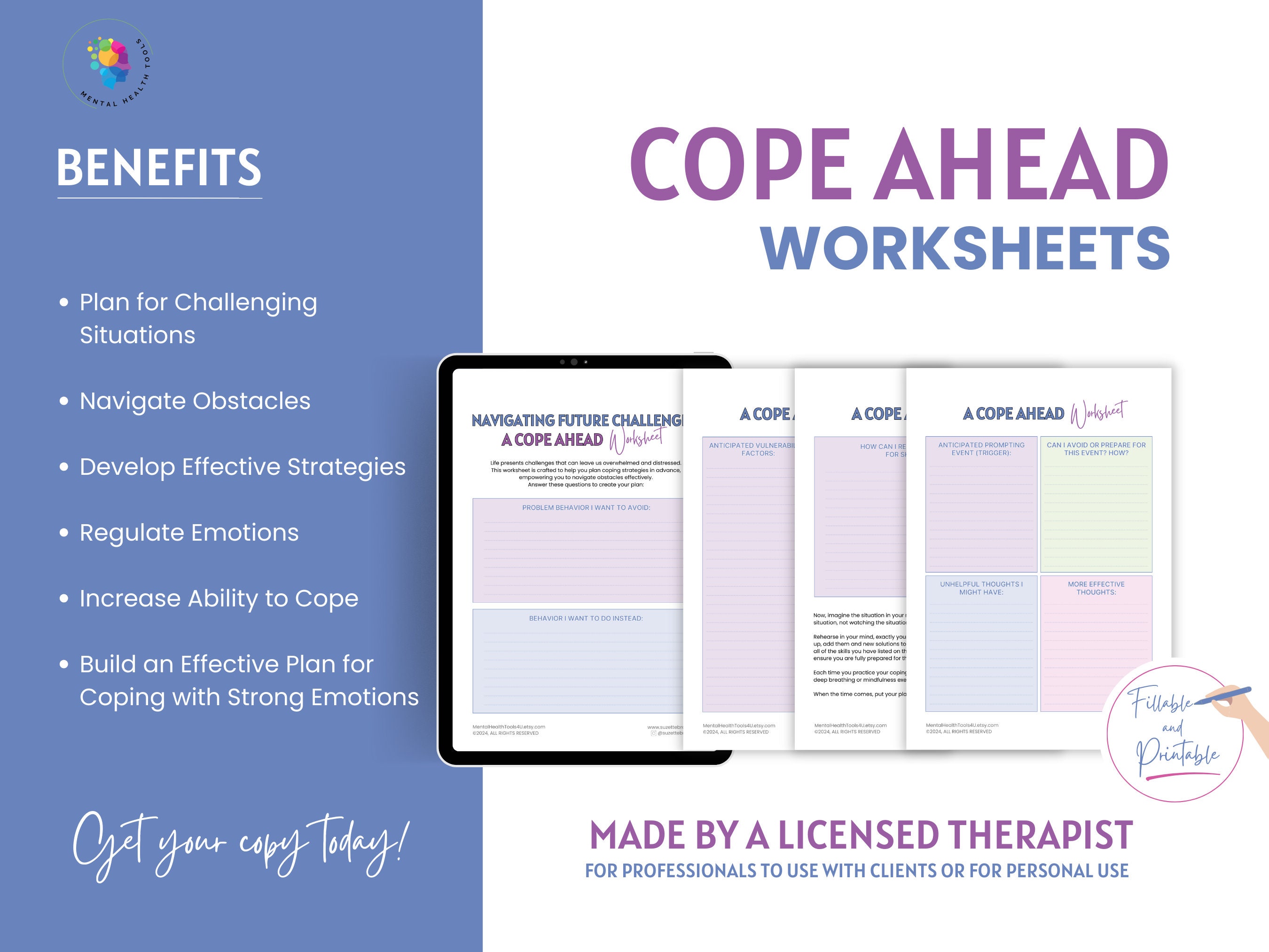 Cope Ahead Worksheet: DBT, CBT Skills for Emotional Regulation (PDF ...
