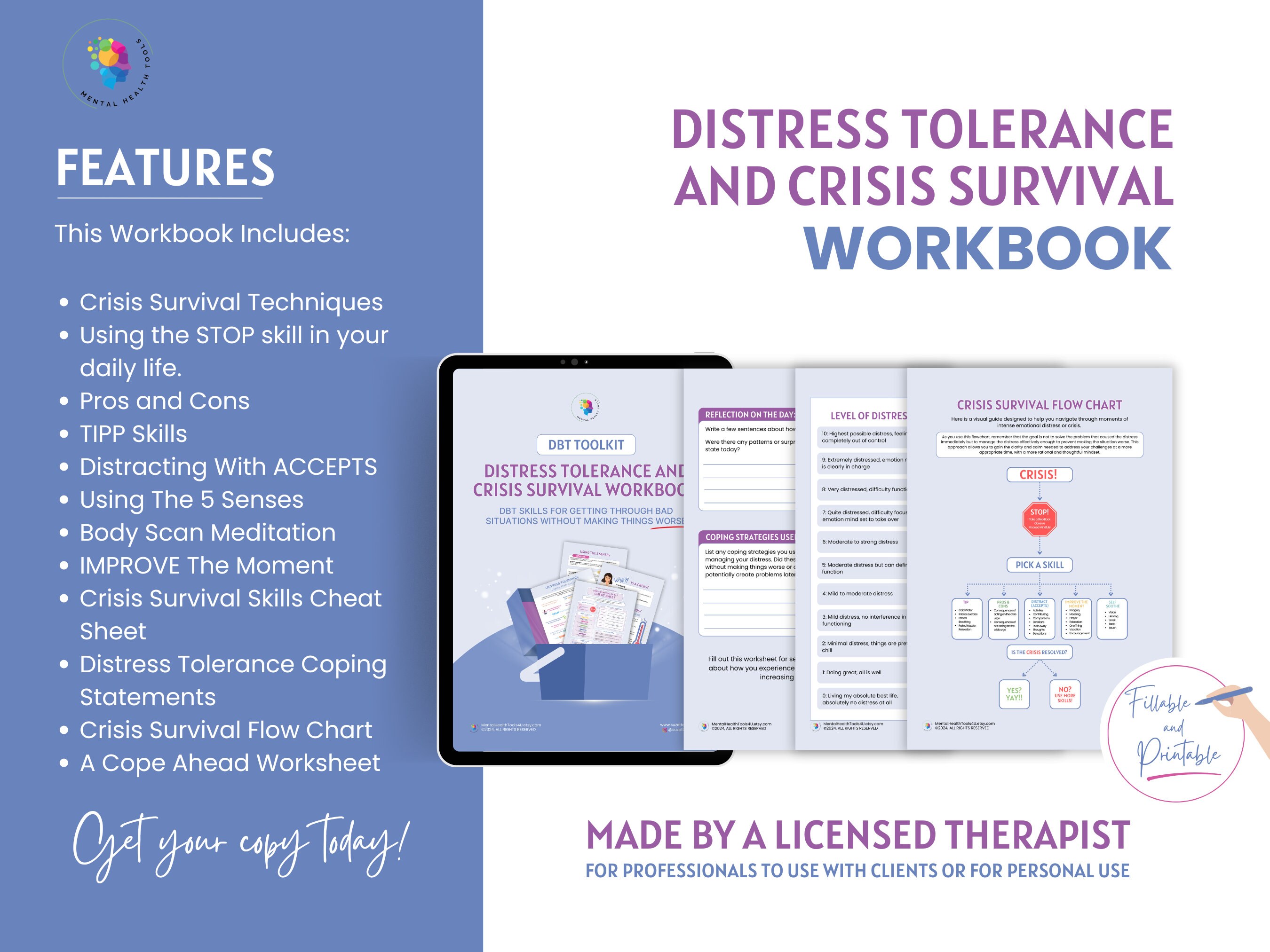 DBT Crisis Survival Workbook: Distress Tolerance Skills (fillable PDF ...