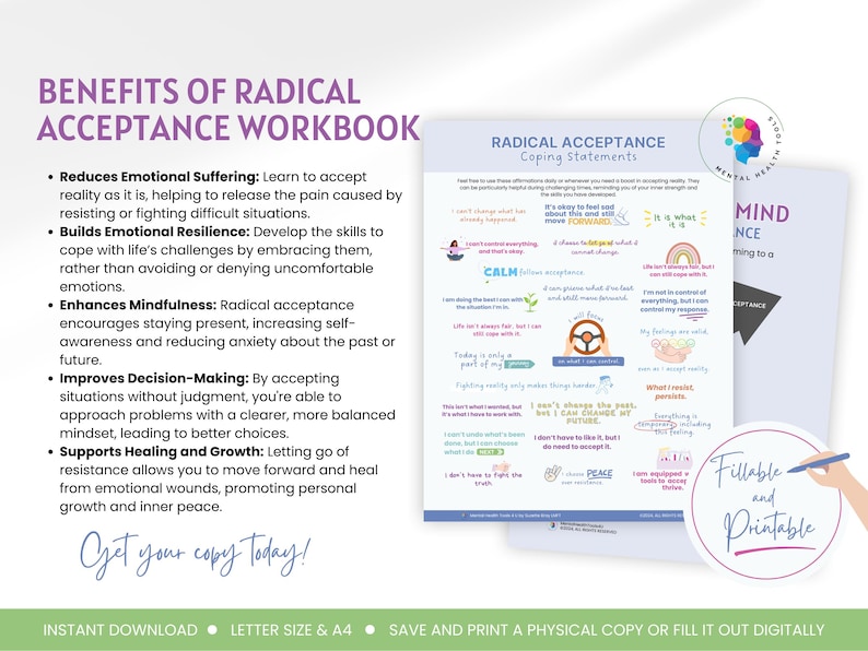 DBT Radical Acceptance Workbook | Emotional Regulation, Letting Go (PDF ...