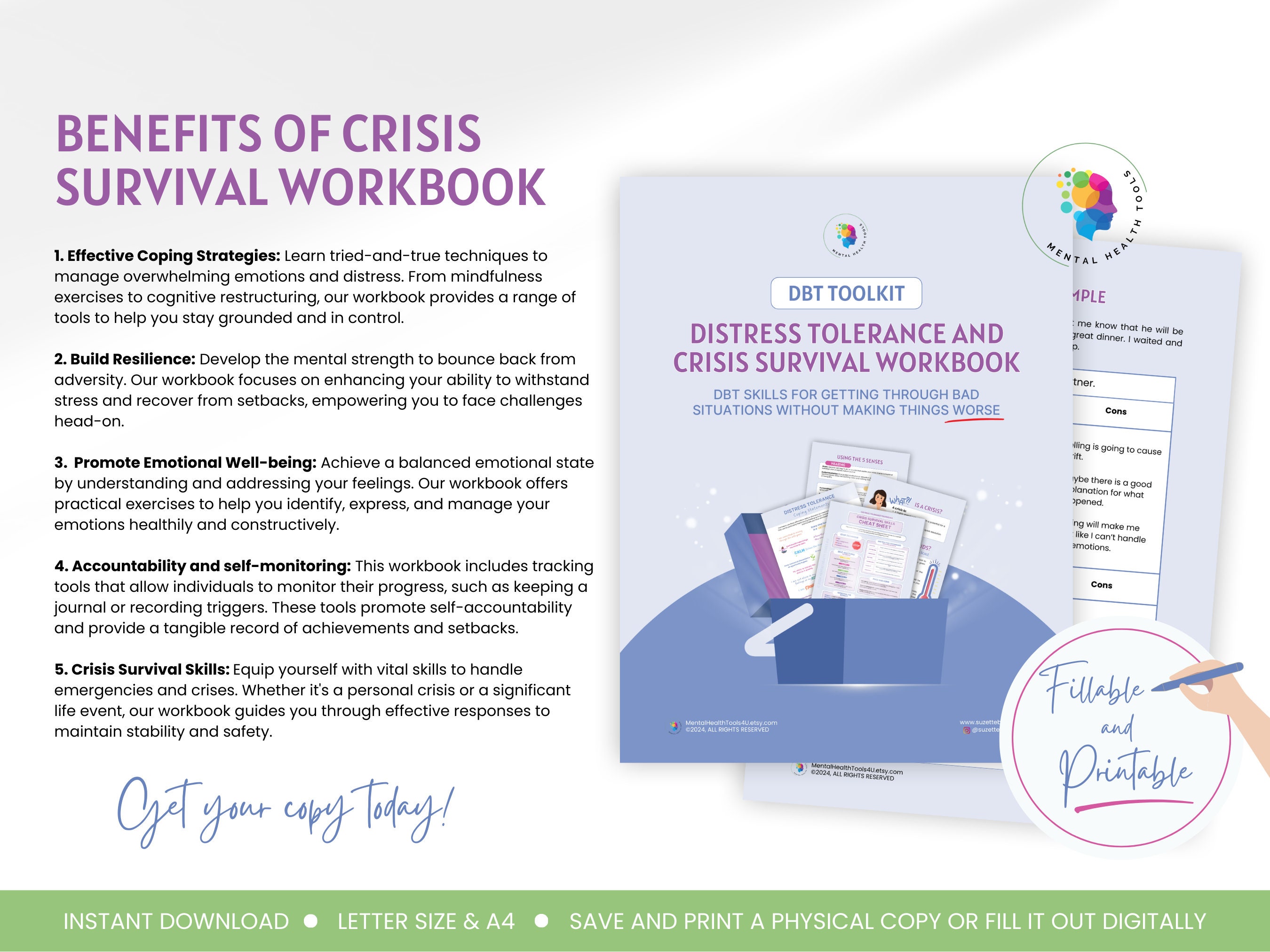 DBT Crisis Survival Workbook: Distress Tolerance Skills (fillable PDF ...