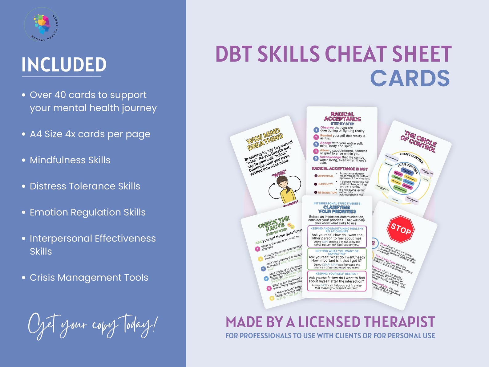 DBT Skills Cheat Sheet Cards: Emotional Regulation Tools (digital ...
