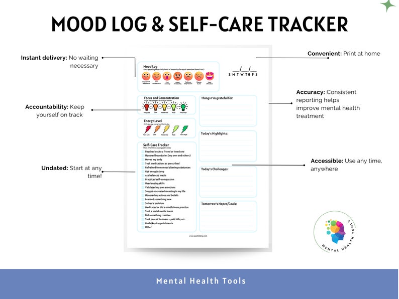 Mood Log and Self-care Tracker Mental Health Journal Self Care Planner ...