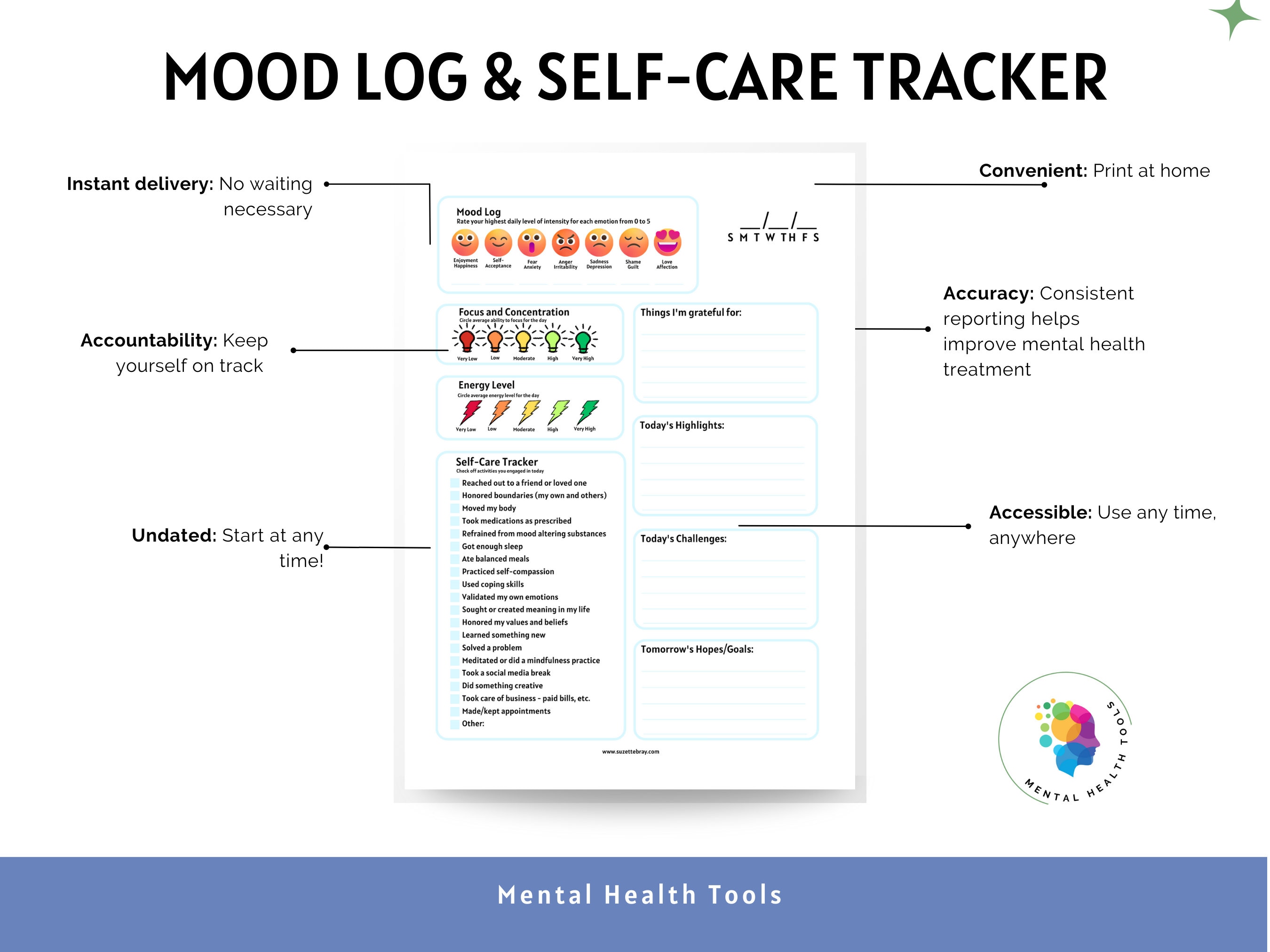 Mood Log and Self-care Tracker Mental Health Journal Self Care Planner ...
