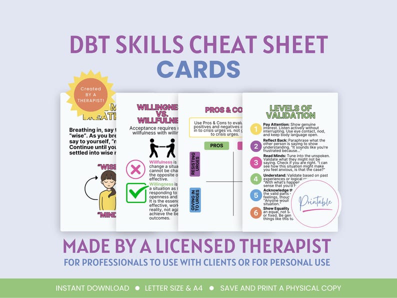 DBT Skills Cheat Sheet Cards: Emotional Regulation Tools (digital ...