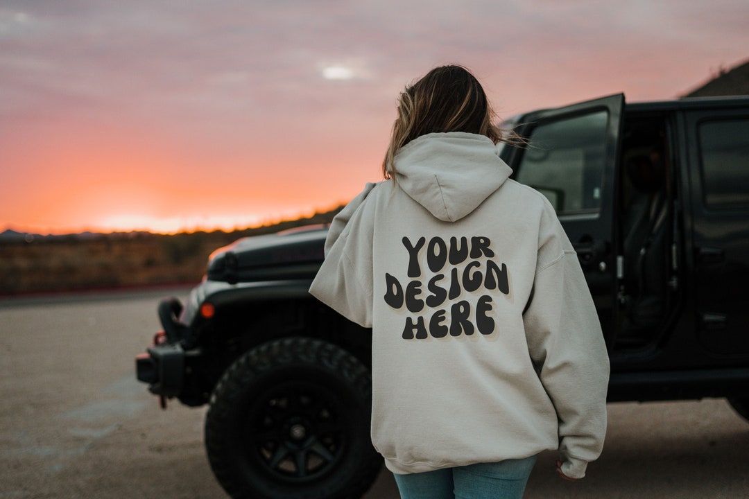Gildan 18500 Hoodie Mockup, Sunset Gildan Sweatshirt 185 Mockup, Tan ...