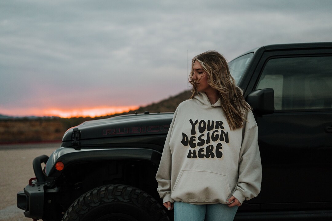 Gildan 18500 Hoodie Mockup, Sunset Gildan Sweatshirt 185 Mockup, Tan ...