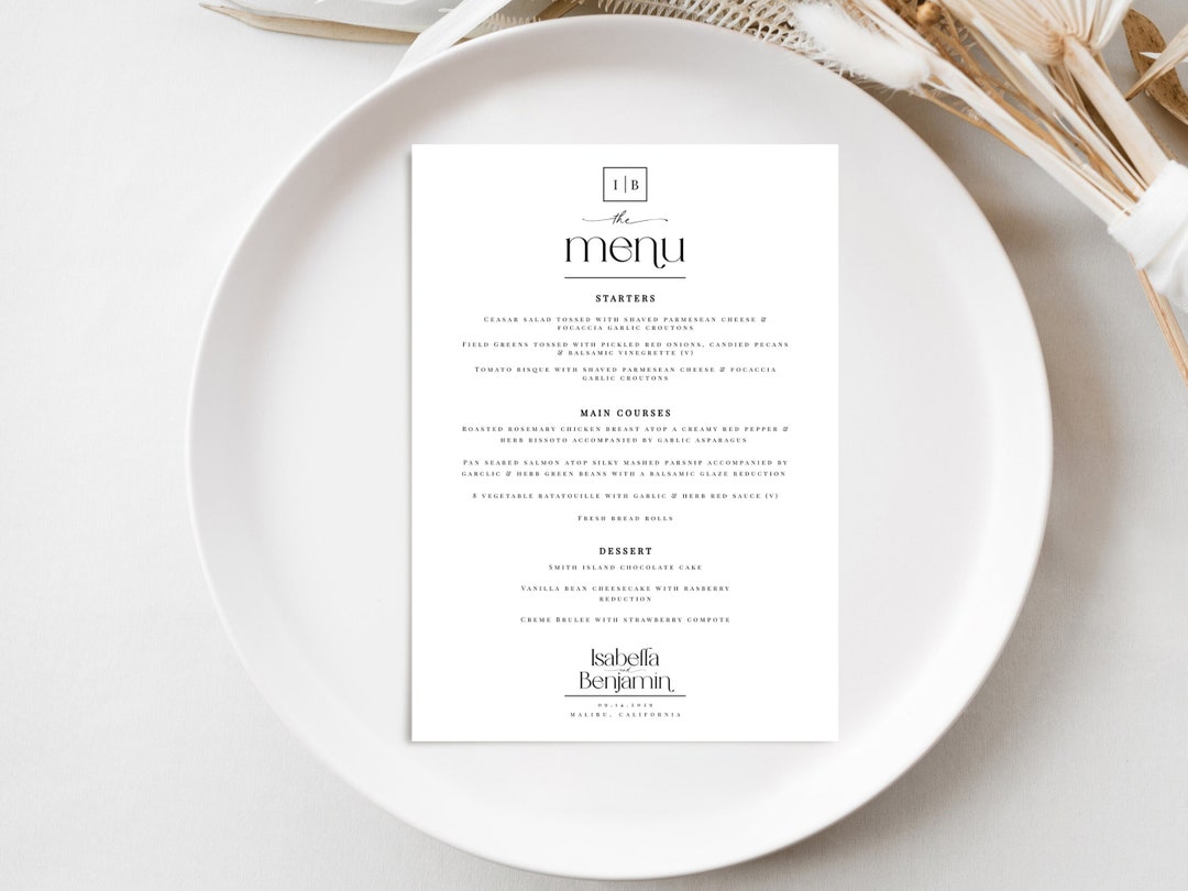 Wedding Menu Template Printable Menu Card 5x7 Wedding Menu Printable ...