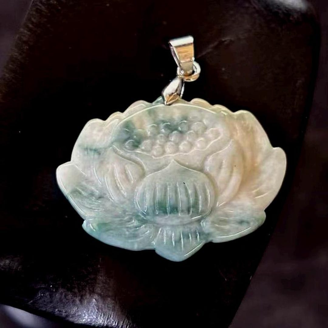 Rare Natural White and Green Jade Jadeite Carved 'LOTUS' Pendant, Free ...