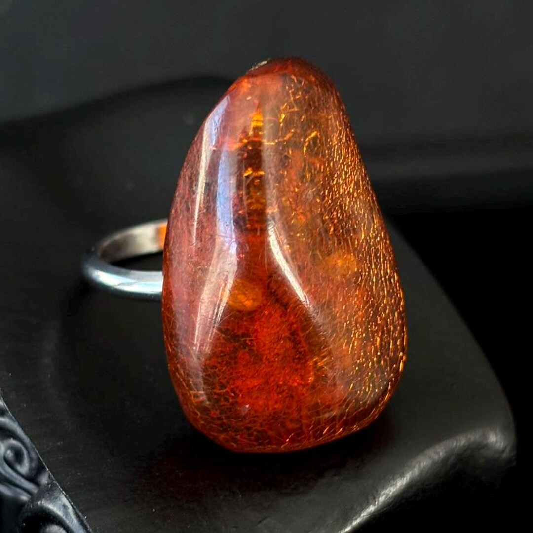 European Big Cognac Amber Ring Silver-plated Vintage Natural Baltic ...