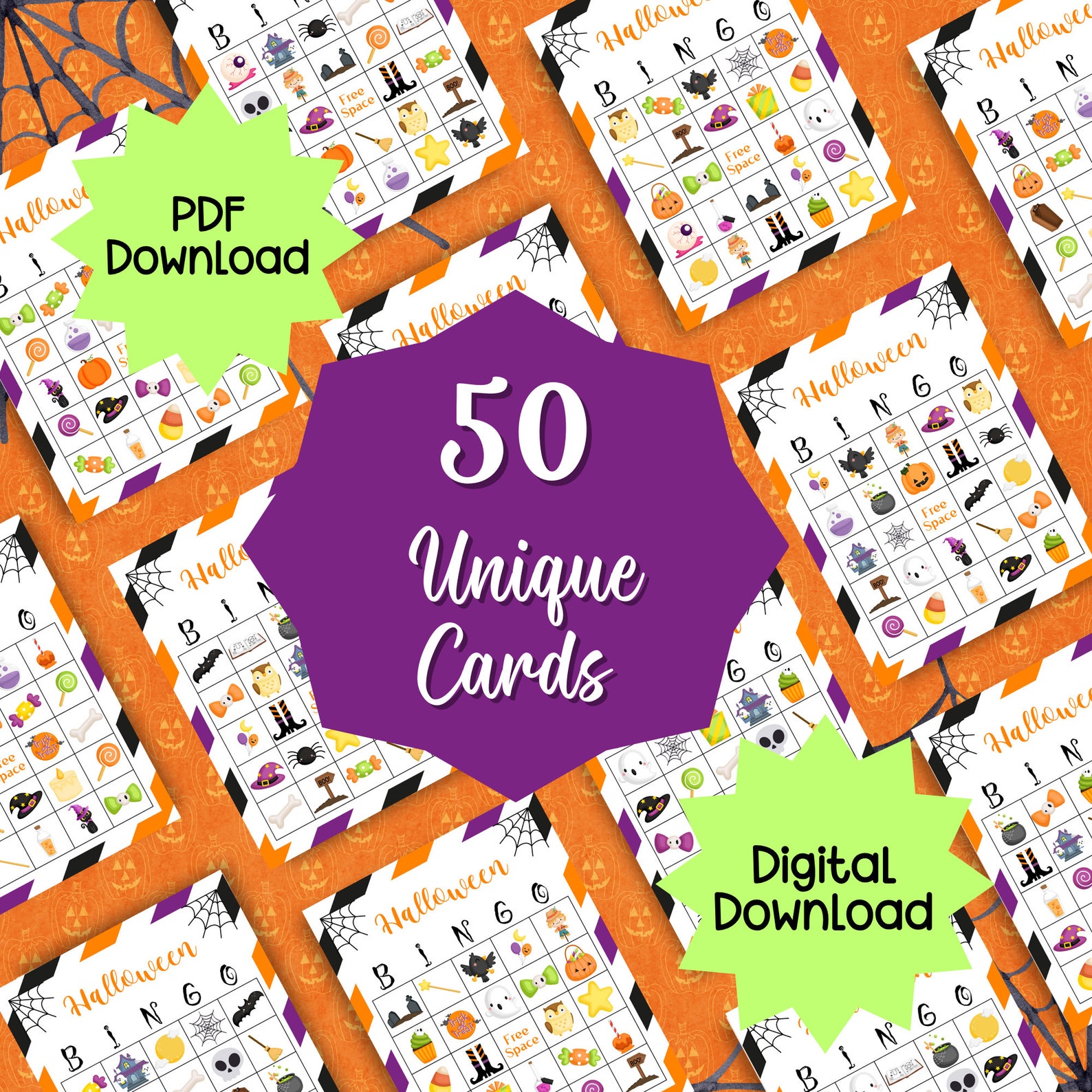 Halloween Bingo Printable: 50 Unique Bingo Cards Halloween Printable ...