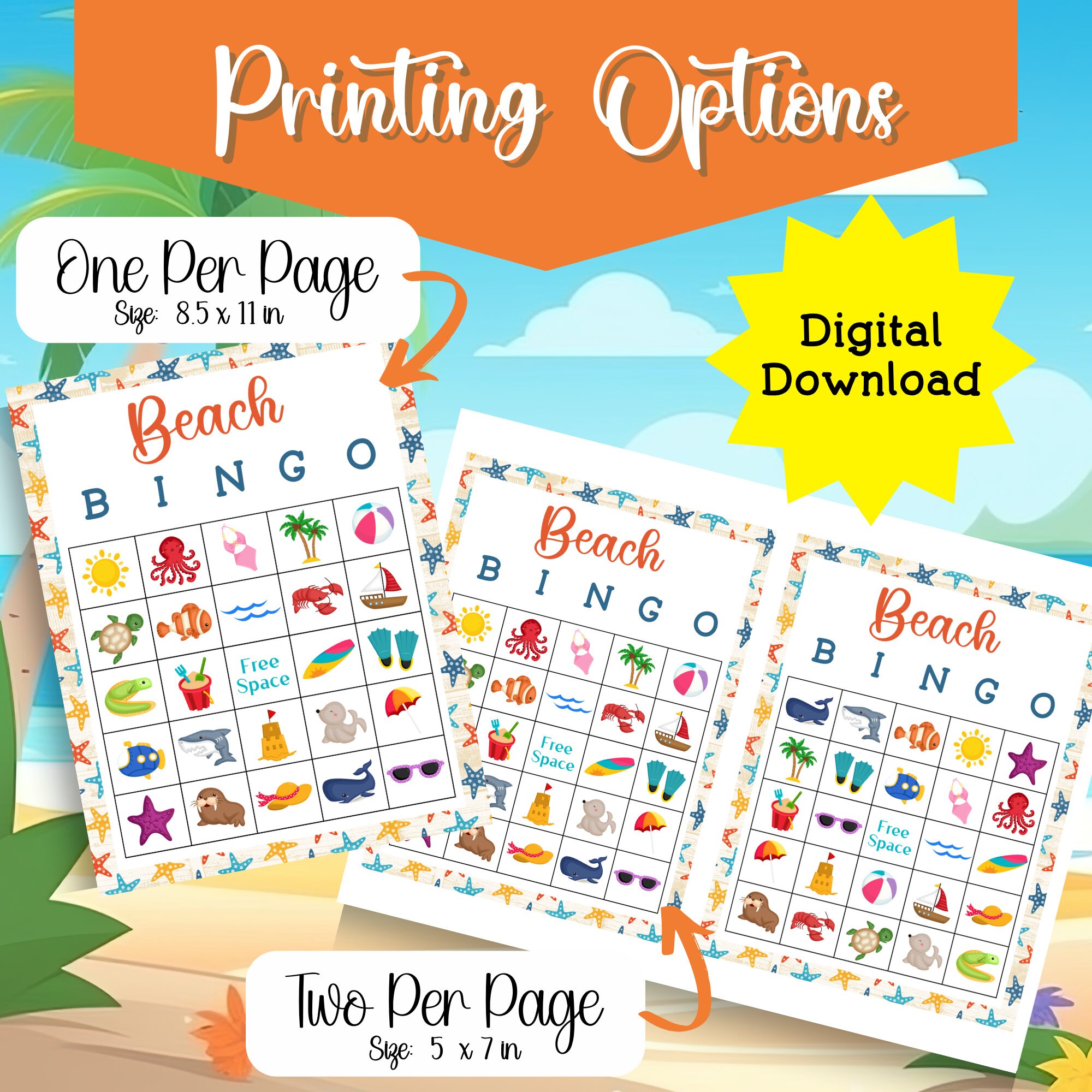 Beach Summer Bingo Printable: 50 Unique Bingo Cards Summer Printable ...