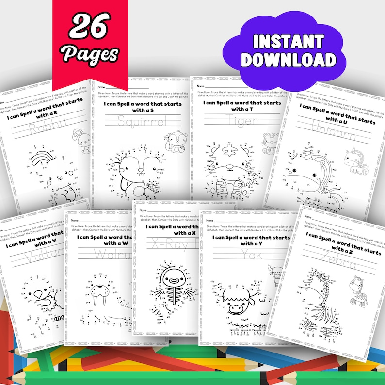 Kindergarten Dot to Dot Animals of the Alphabet Printable Connect the ...