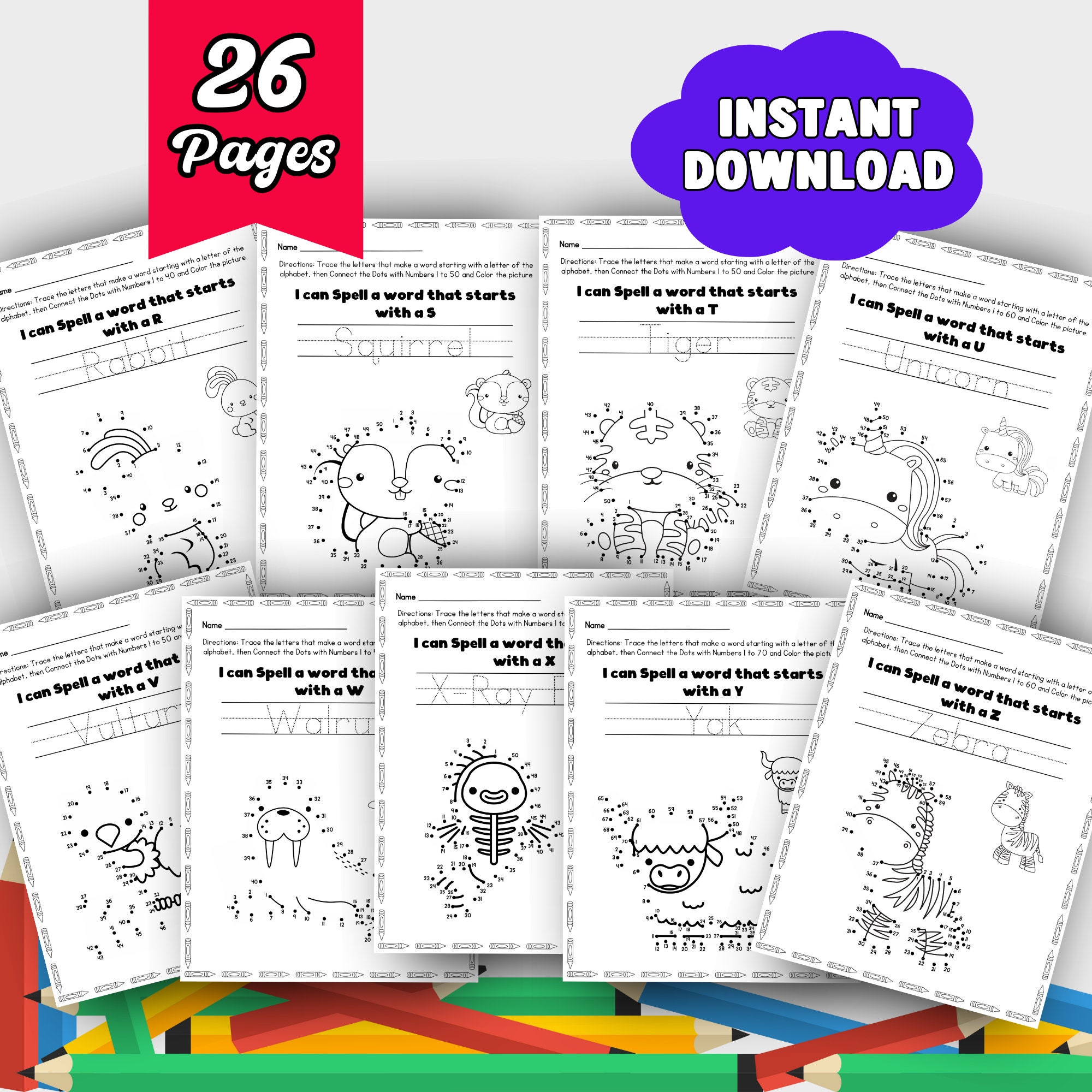 Kindergarten Dot to Dot Animals of the Alphabet Printable Connect the ...