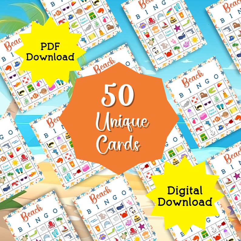 Beach Summer Bingo Printable: 50 Unique Bingo Cards Summer Printable ...