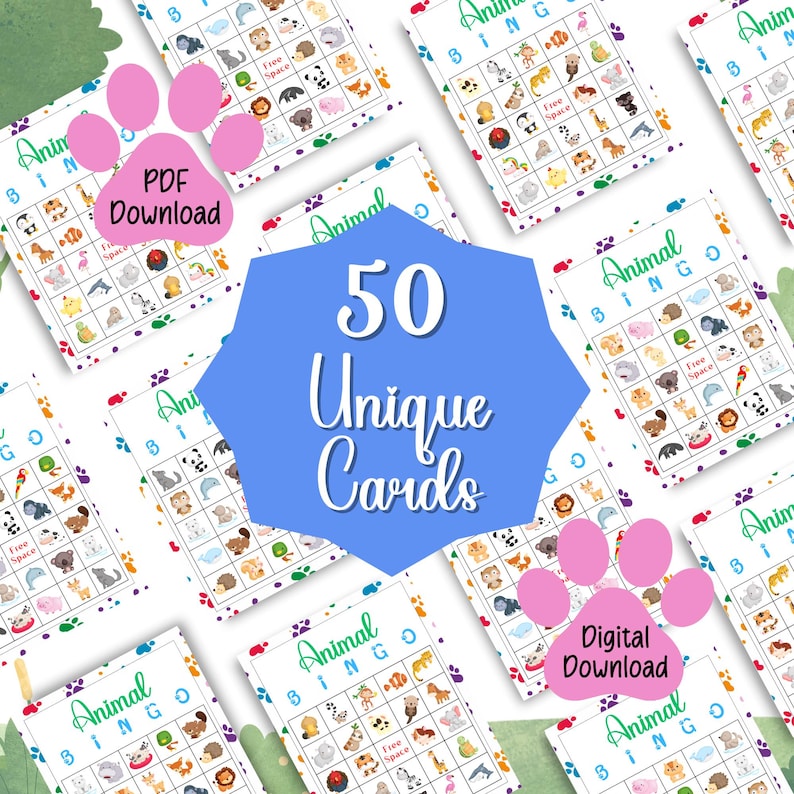 Animal Bingo Printable, 50 Unique Bingo Cards Animal Printable, Party ...