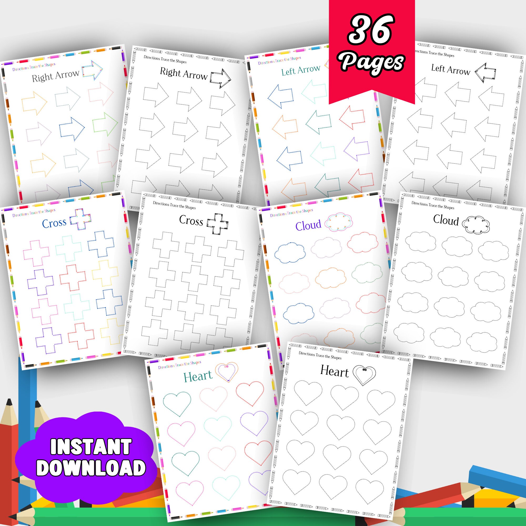 Trace the Shapes Printable Shapes Worksheets Practice Tracing Learning ...