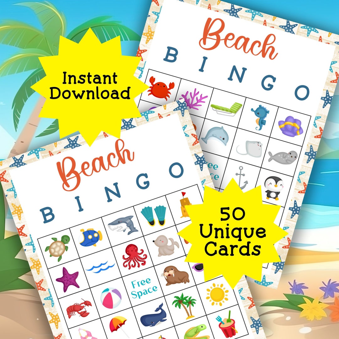 Beach Summer Bingo Printable: 50 Unique Bingo Cards Summer Printable ...