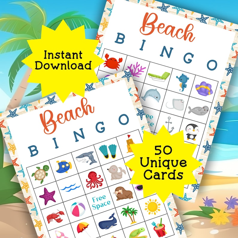 Beach Summer Bingo Printable: 50 Unique Bingo Cards Summer Printable ...