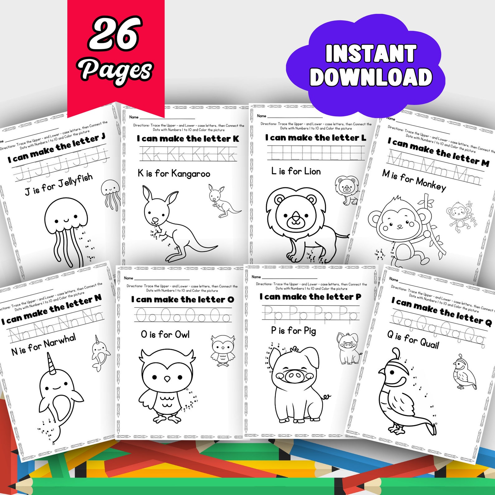 Pre-kindergarten Dot to Dot Animals of the Alphabet Printable Connect ...