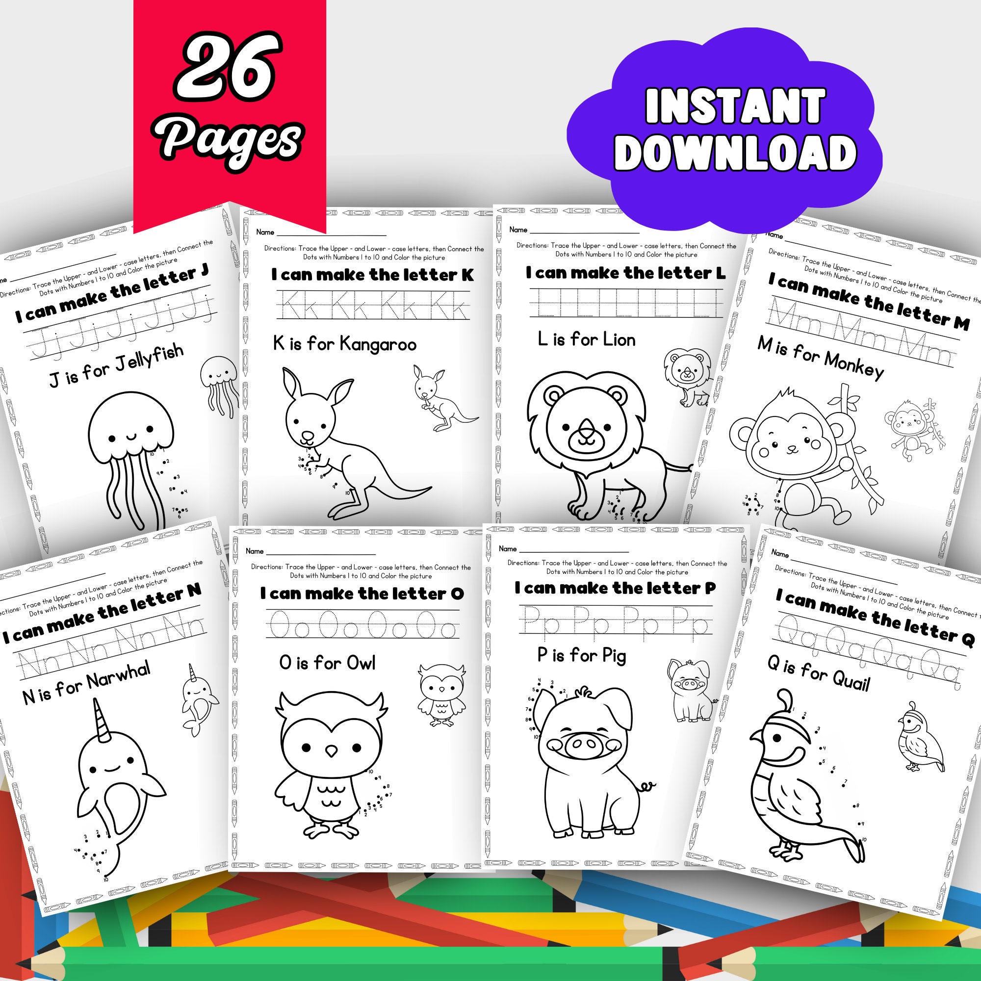 Pre-kindergarten Dot to Dot Animals of the Alphabet Printable Connect ...