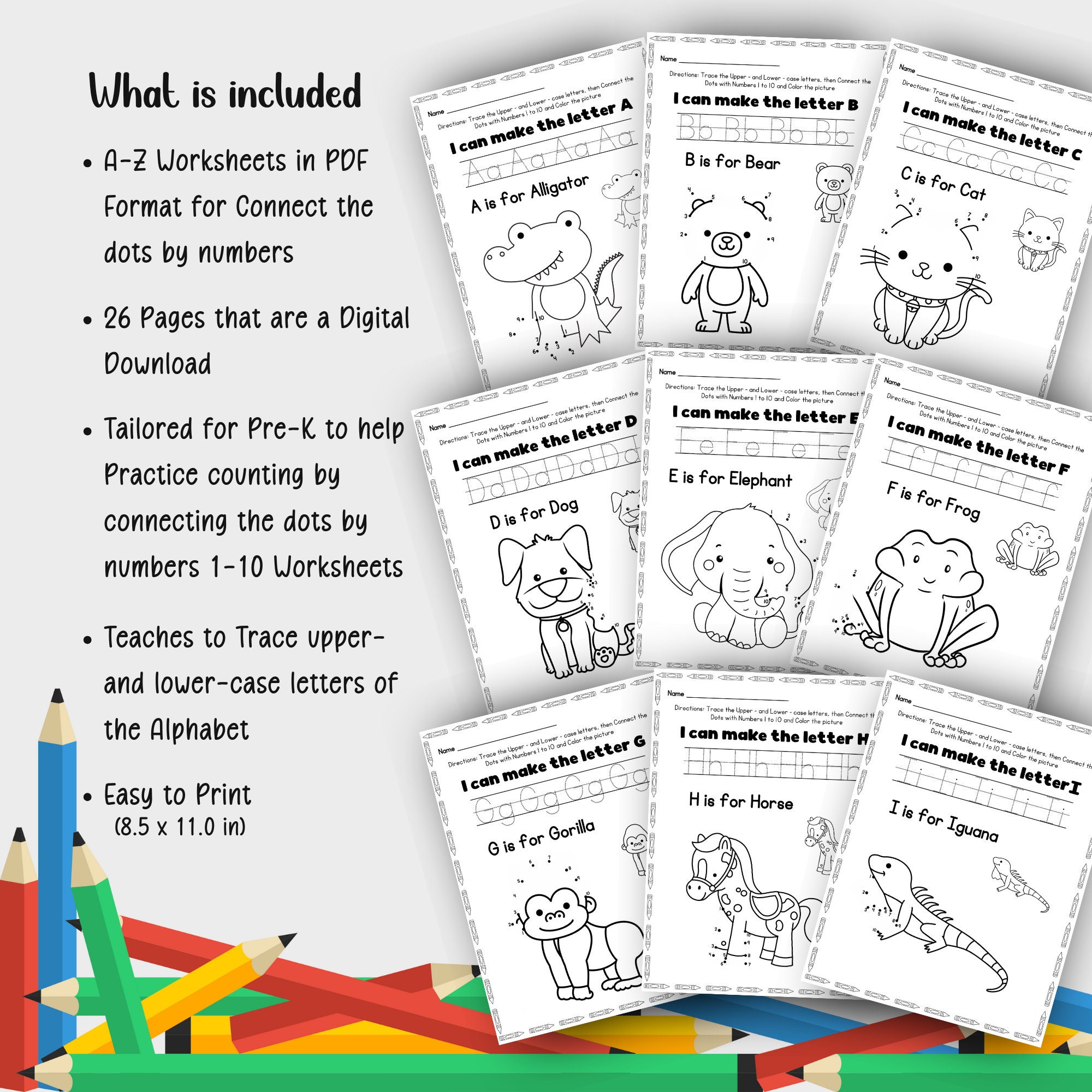 Pre-kindergarten Dot to Dot Animals of the Alphabet Printable Connect ...