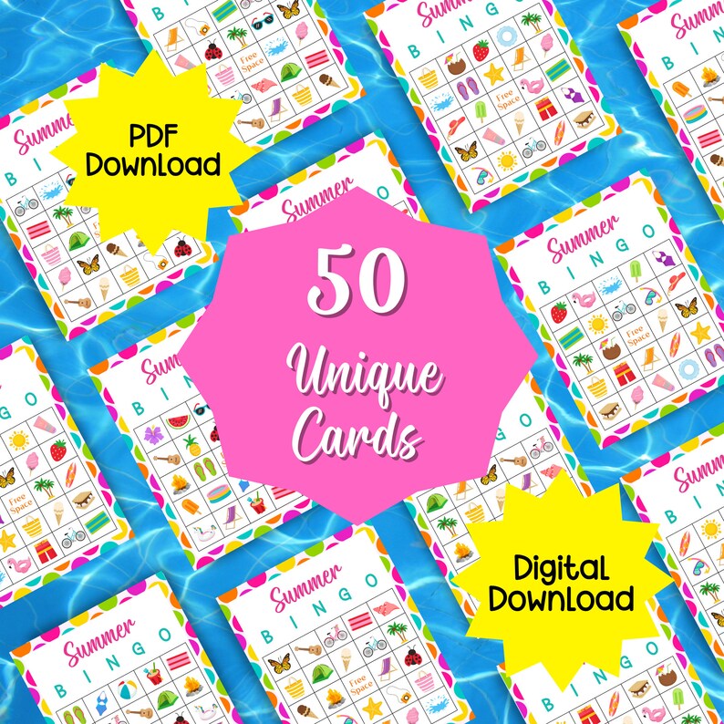 Summer Bingo Printable: 50 Unique Bingo Cards Summer Printable Party ...