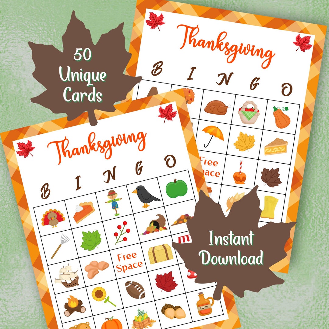 Thanksgiving Bingo Printable | 50 Unique Bingo Cards | Thanksgiving ...